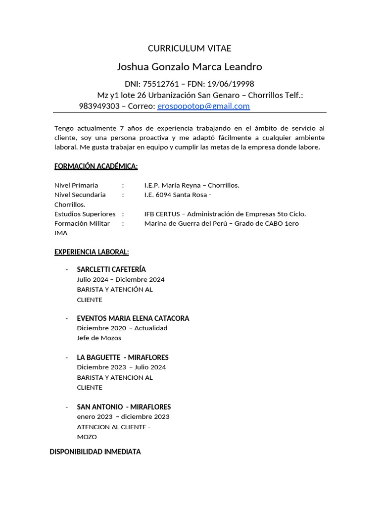 Curriculum Vitae Joshua 2025 Atencion Al Cliente | PDF