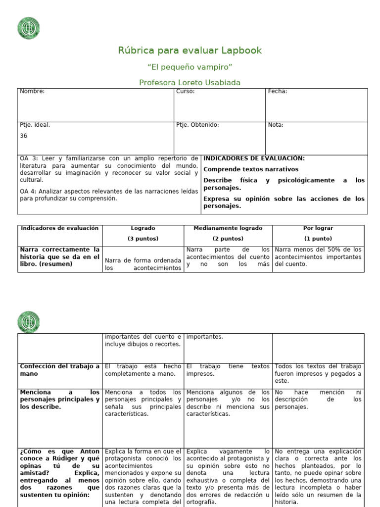 Rúbrica para Evaluar Lapbook, El Pequeño Vampiro | PDF | Cuentos | Narración