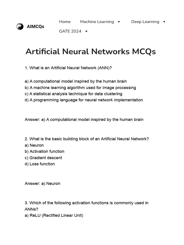 MCQs | Artificial Neural Networks- Components and Concepts | AIMCQs | PDF | Applied Mathematics ...