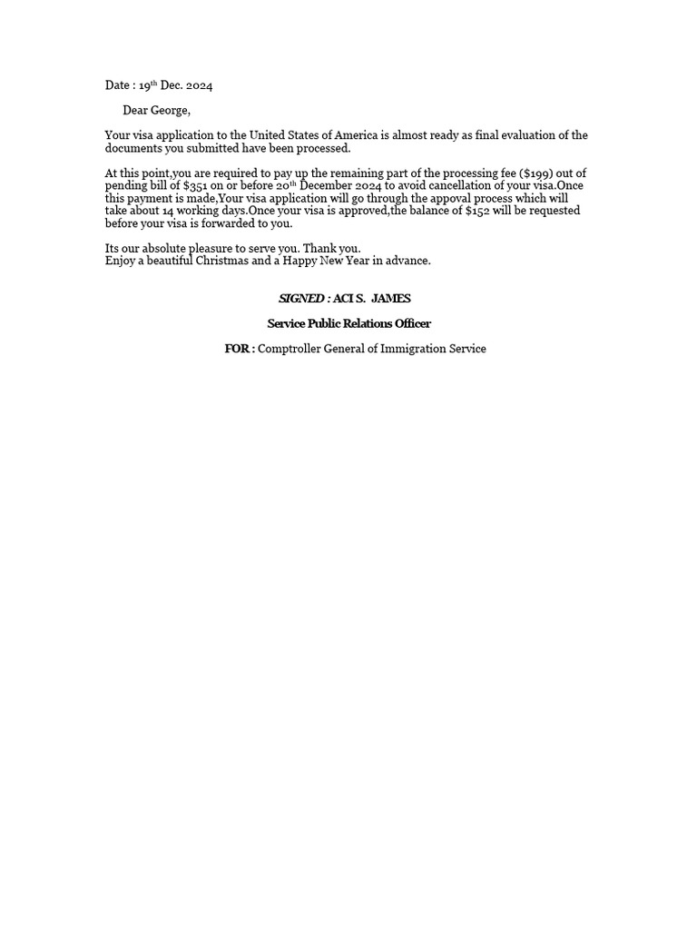 Visa Application Payment Reminder | PDF