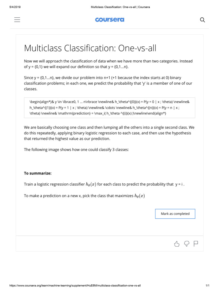 Multiclass Classification - One-Vs-All - Coursera | PDF