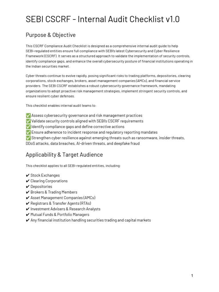 SEBI CSCRF Internal Audit Checklist | PDF | Computer Security | Security