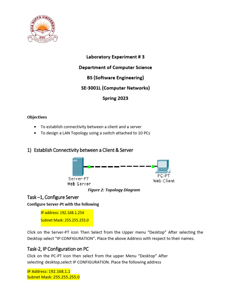 Lab 3 - Client-Server-Connectivity-LAN-Topology -DSU | PDF | Ip Address | Computer Network