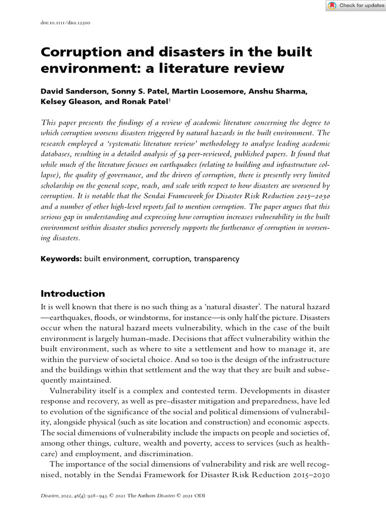 Disasters - 2021 - Sanderson - Corruption and Disasters in The Built Environment A Literature ...