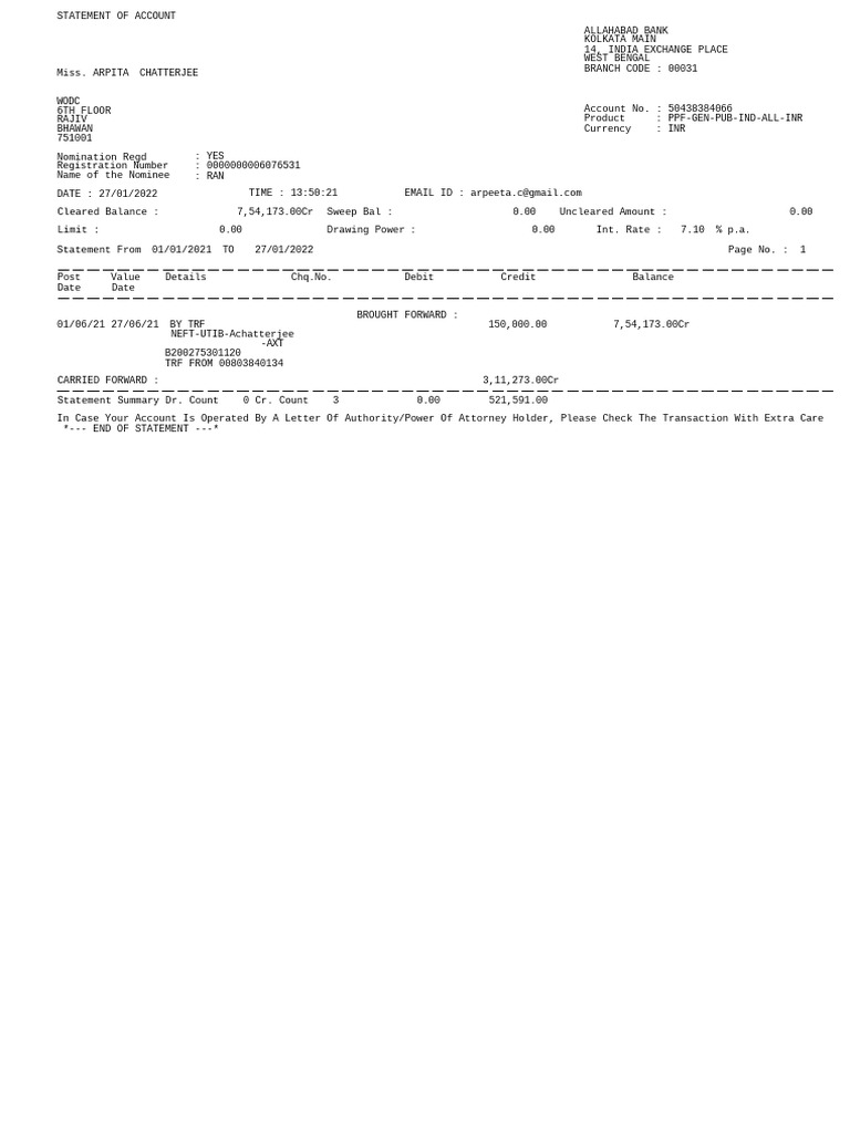 PPF Account Statement for Arpita Chatterjee | PDF