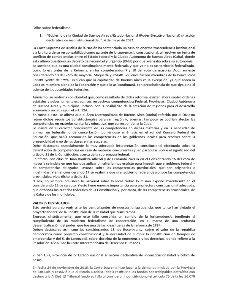 Fallos Sobre Federalismo | PDF | Buenos Aires | Federación
