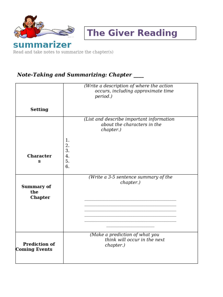 The Giver Reading Circle 1 - Summarizer Final Version | PDF