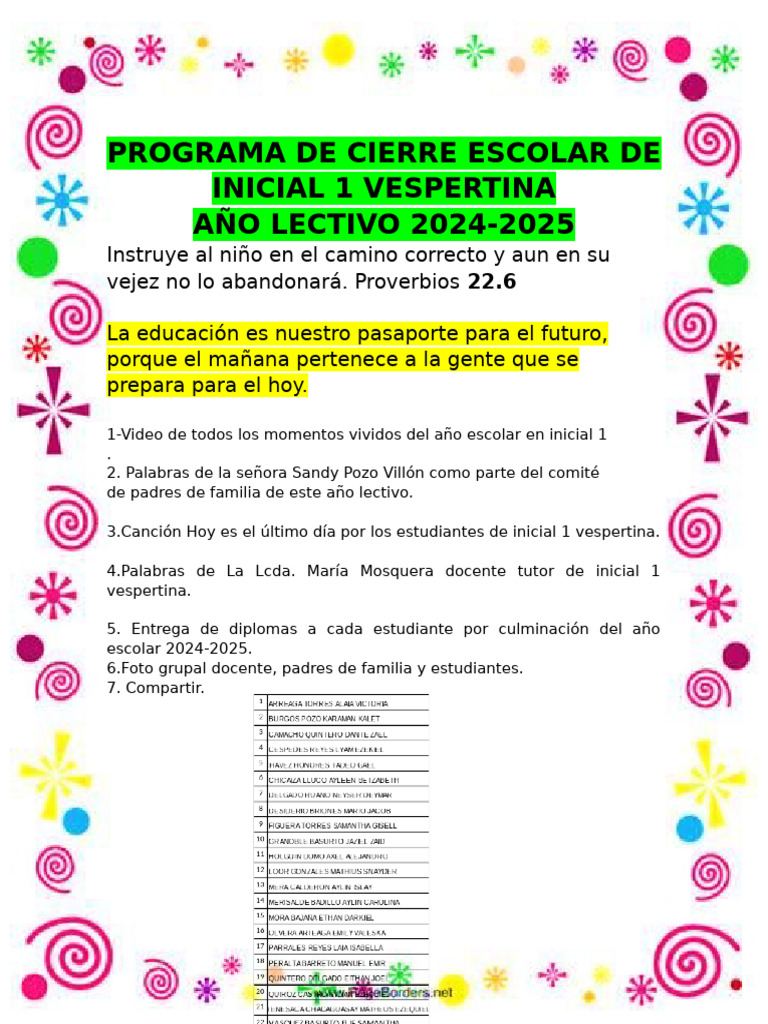 Programa de Cierre Escolar de Inicial 1 Vespertina | PDF