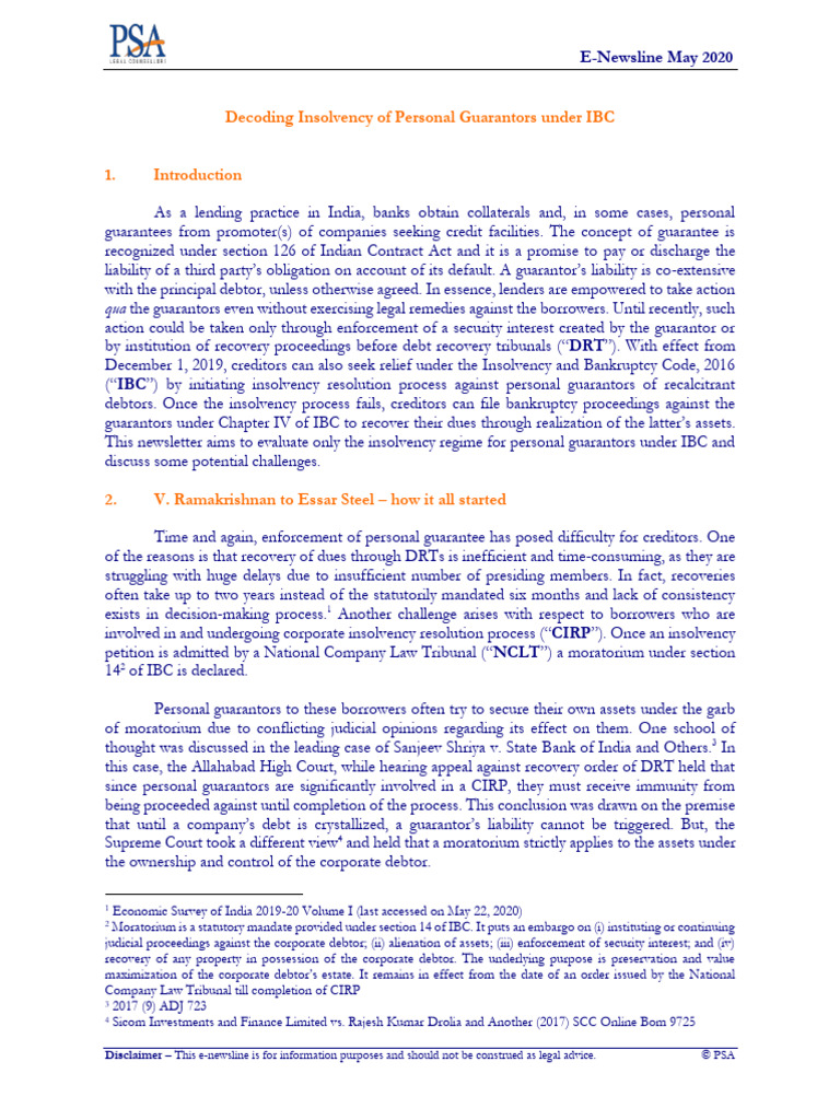 Decoding Insolvency of Personal Guarantors Under IBC | PDF | Guarantee ...
