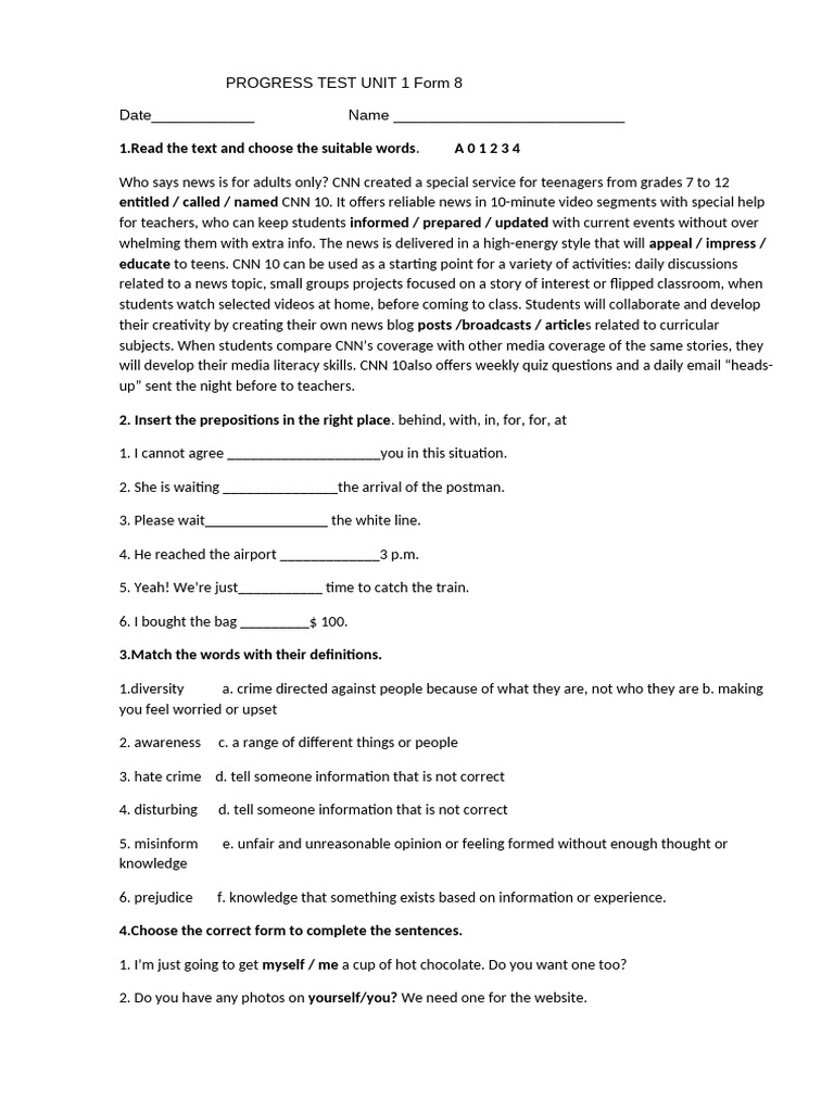 Progress Test Unit 5 Form 8 Pdf News Human Communication