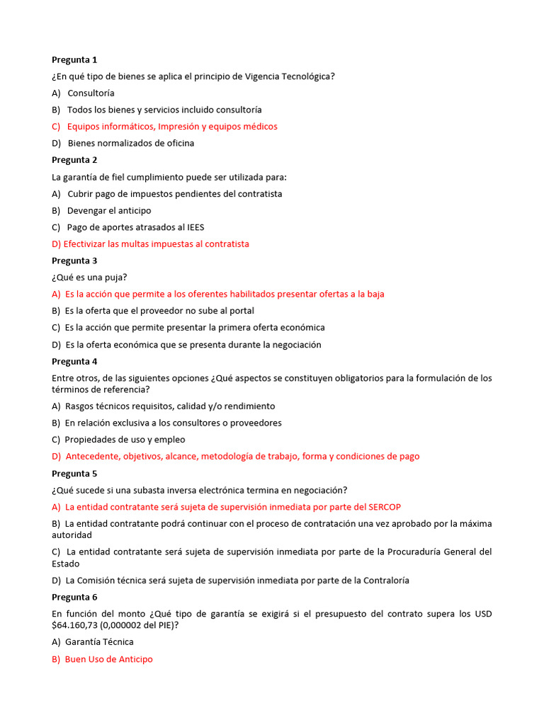 Banco de Preguntas - 145 - Con Respuestas - Certificación SERCOP-2023 | PDF | Subasta | Presupuesto