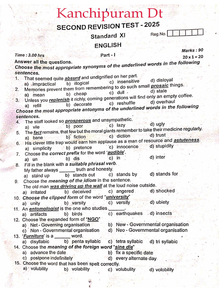 11th English 2nd Revision Exam 2025 Original Question Paper Kanchipuram ...