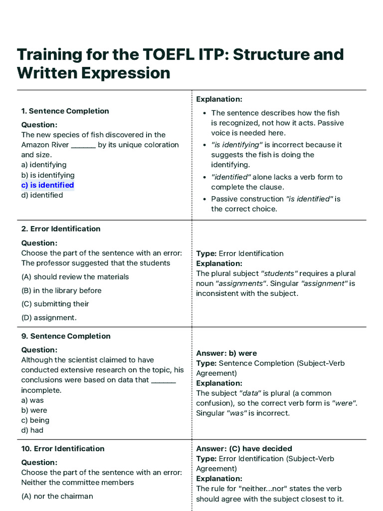 TOEFL ITP Structure Practice Guide | PDF | Verb | Subject (Grammar)