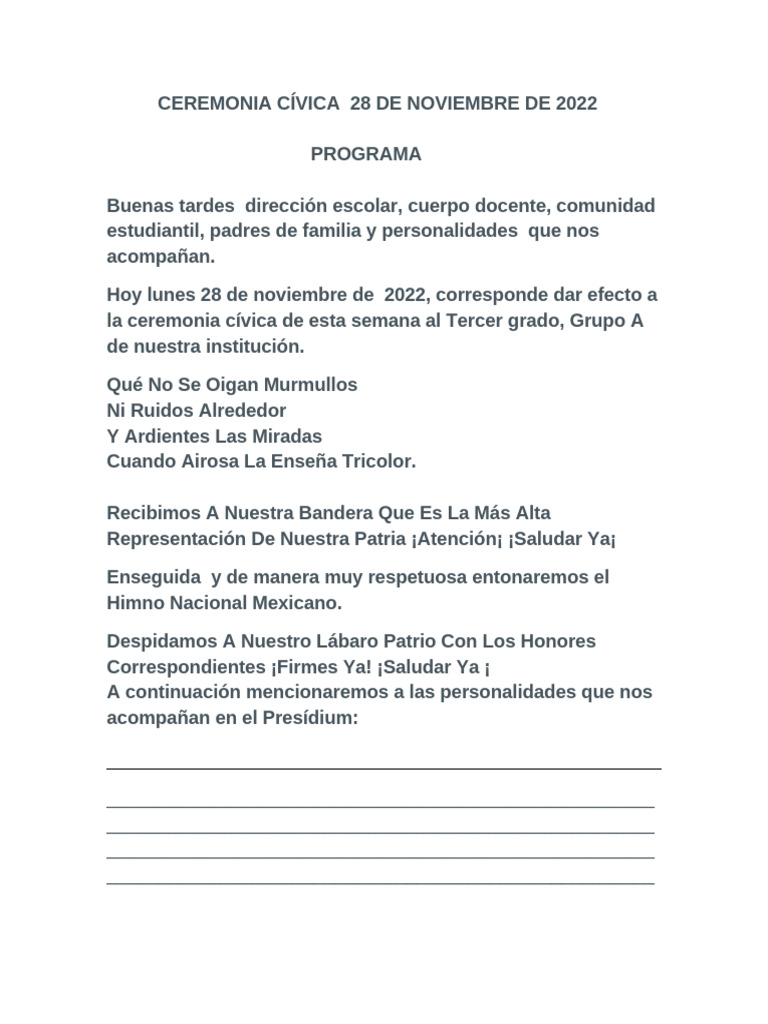 Programa Ceremonia Cívica 28 de Noviembre de 2022 | PDF