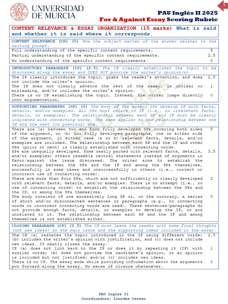 FOR AND AGAINST Essay - Scoring Rubric - 2025 | PDF | Punctuation | Word