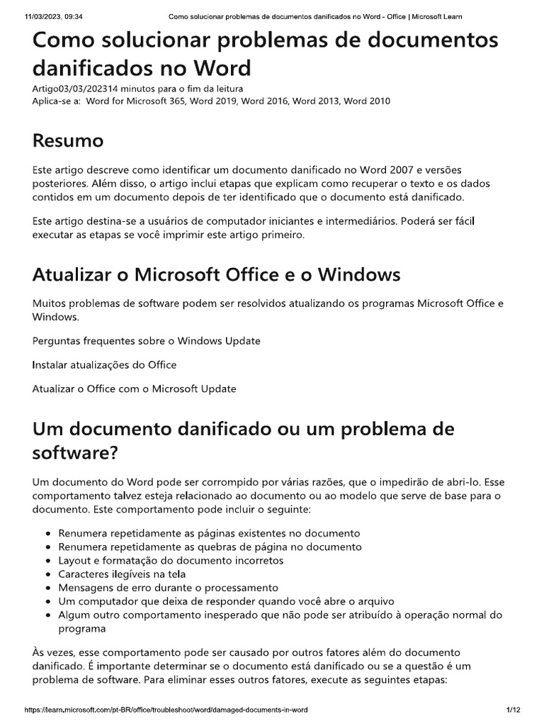 Como Solucionar Problemas de Documentos Do Word Corrompidos | PDF
