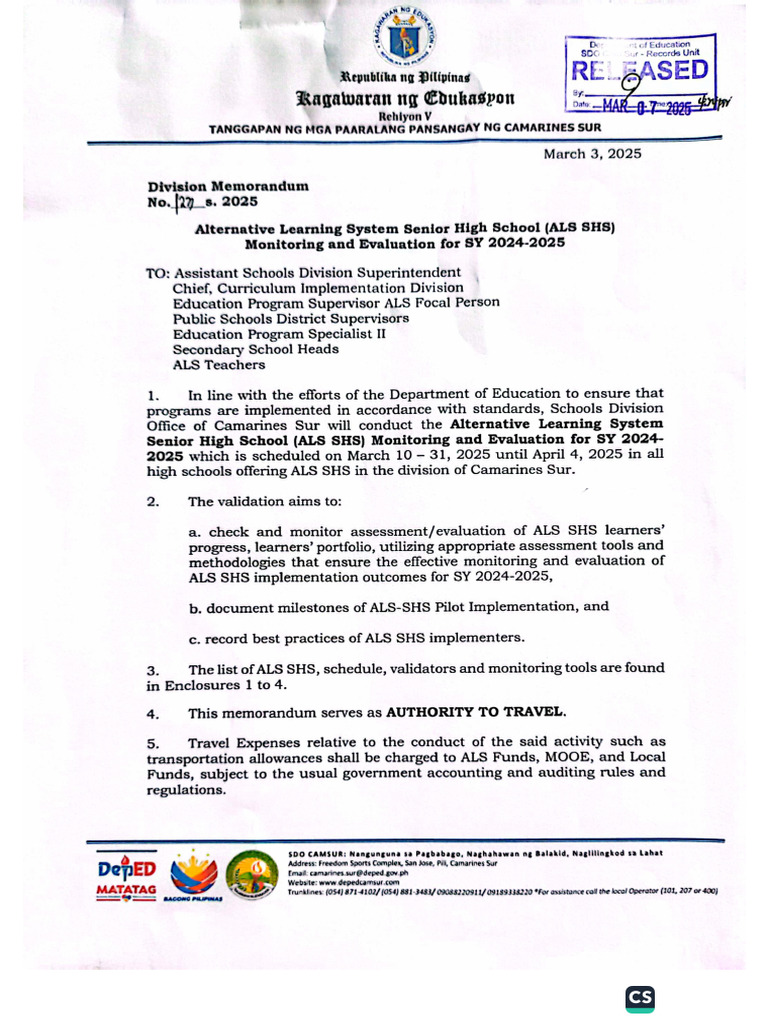 Div - Memo 123 s2025 ALS SHS ME | PDF