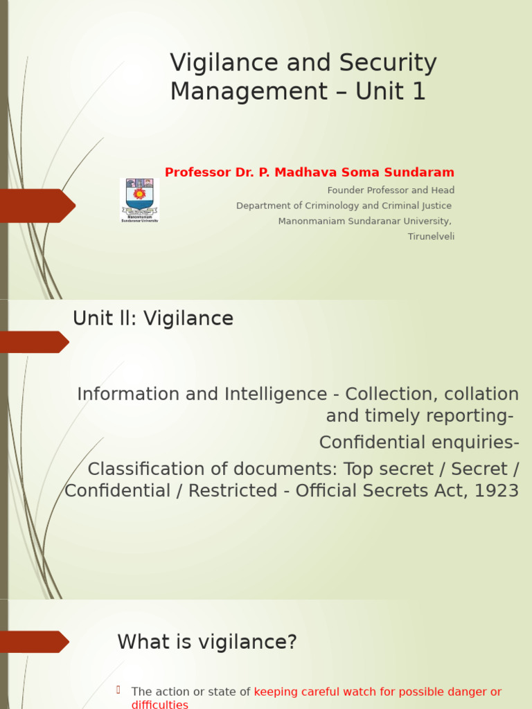 Vigilance and Security MGT Unit 1 Ver 1.0 | PDF | Classified ...