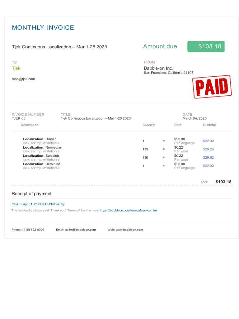 Tjek Localization Invoice - March 2023 | PDF | Business Documents