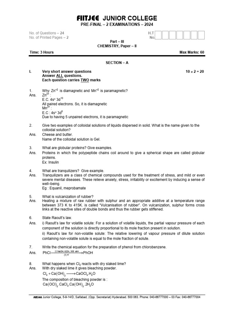 SR - PREFINAL-2 - CHE - 2023-2024 - Q.PAPER & SOLUTIONS | PDF | Ion | Adsorption