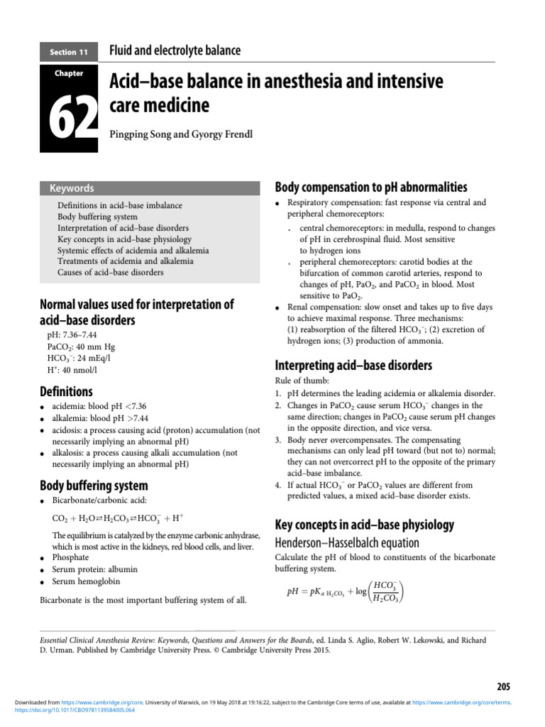 Acid-Base Balance in Anesthesia and Intensive | PDF | Bicarbonate ...