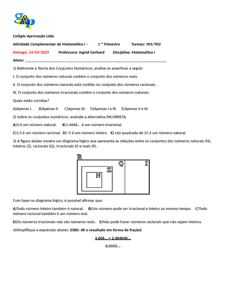 Atividade Complementar ( Recesso 9 Ano ) | PDF | Números | Número racional