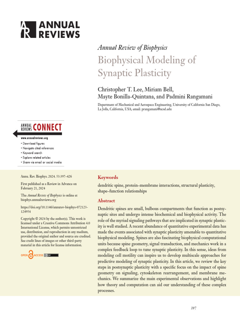 annurev-biophys- modelado biofisico de plasticidad sinaptica | PDF | Synaptic Plasticity | Synapse