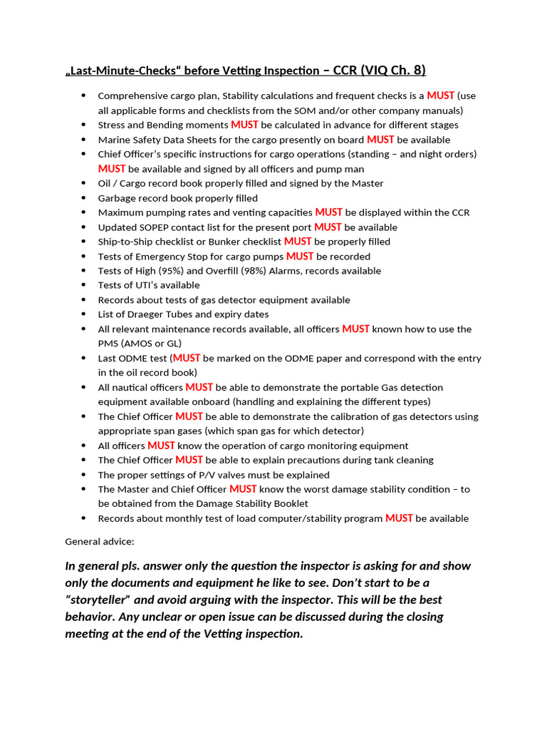 Last-Minute Vetting Inspection Checklist | PDF | Equipment
