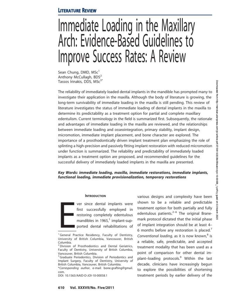 Immediate Loading in The Maxillary Arch: Evidence-Based Guidelines To ...