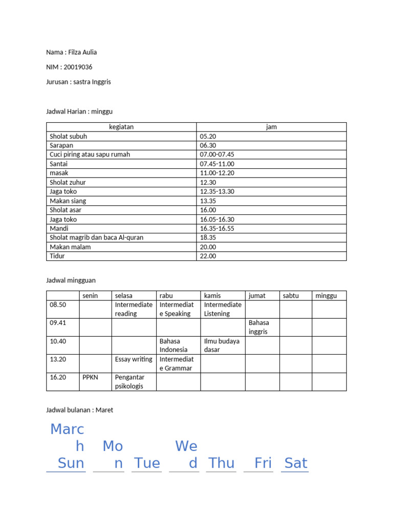 Jadwal Harian, Mingguan, Dan Bulanan | PDF