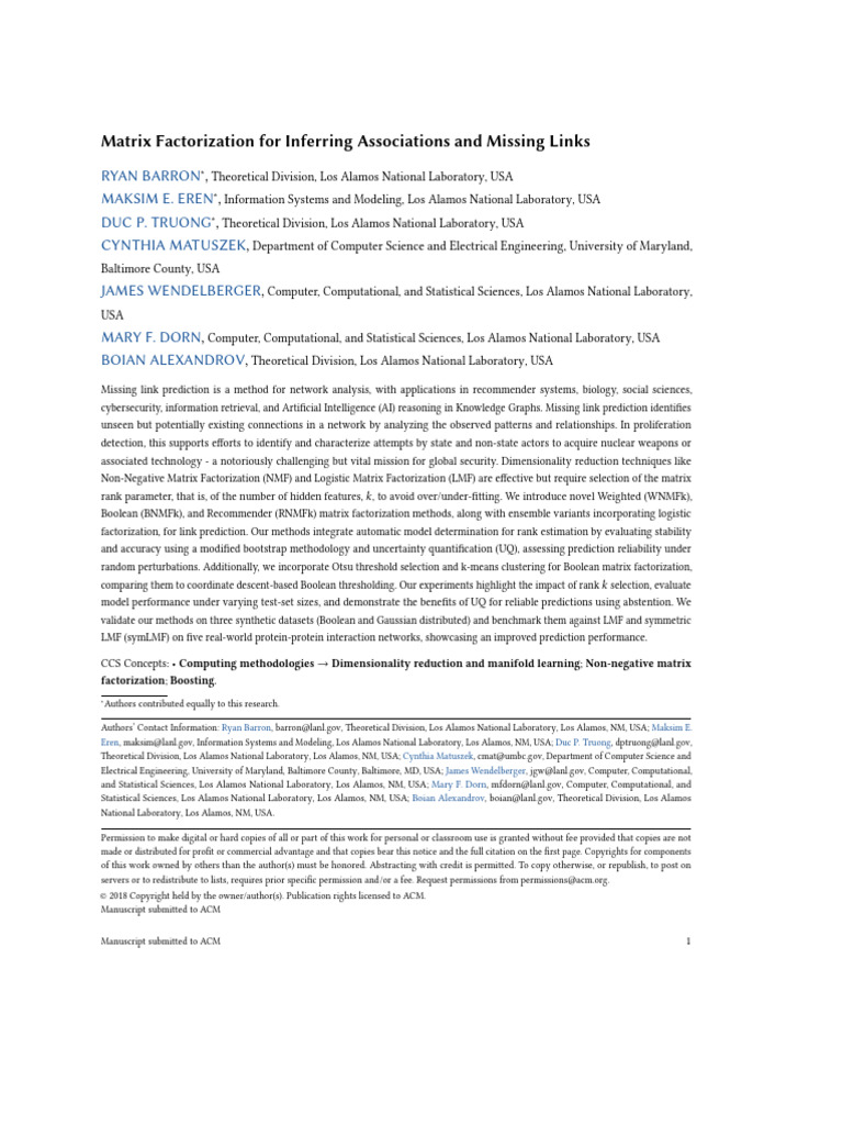 Matrix Factorization For Inferring Associations and Missing Links | PDF | Matrix (Mathematics ...