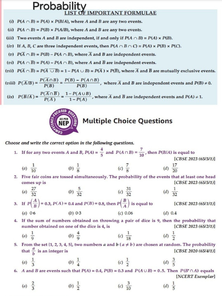 Probability MCQ Xii | PDF