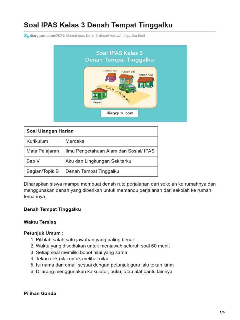 Soal Denah Kelas 3 IPAS | PDF