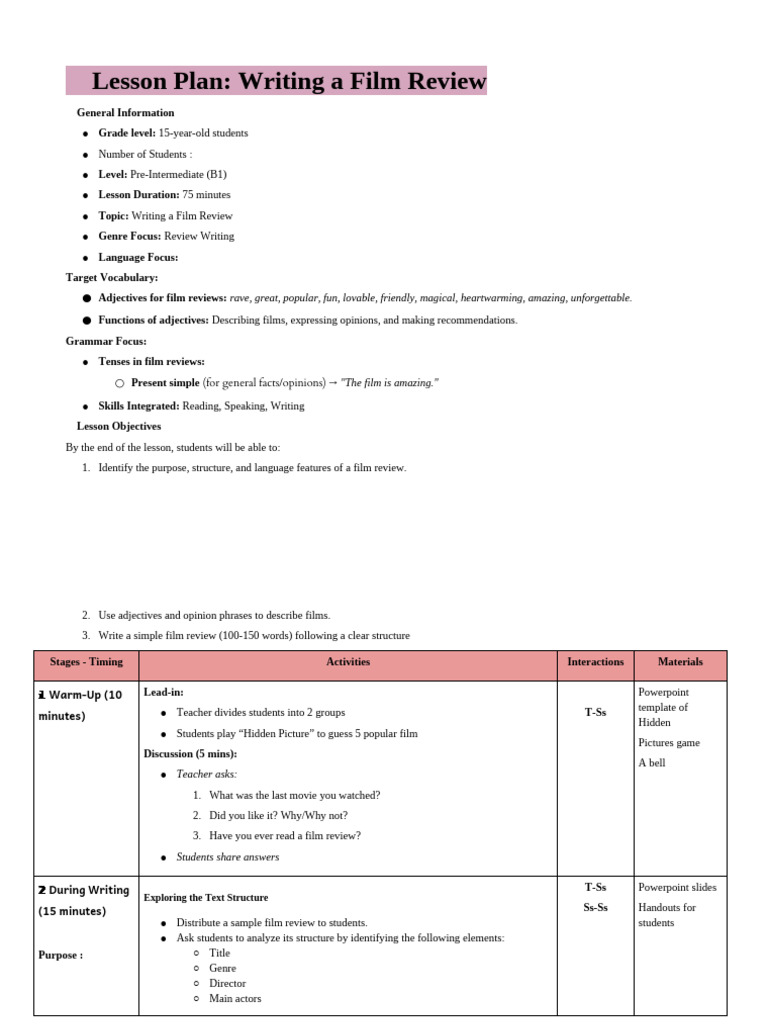 Film Review Writing Lesson Plan | PDF | Adjective | Linguistic Morphology