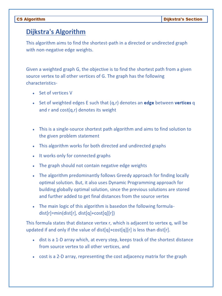 Algorithims Section 10 Dijkstras Algorithm Pdf Algorithms Graph 3855
