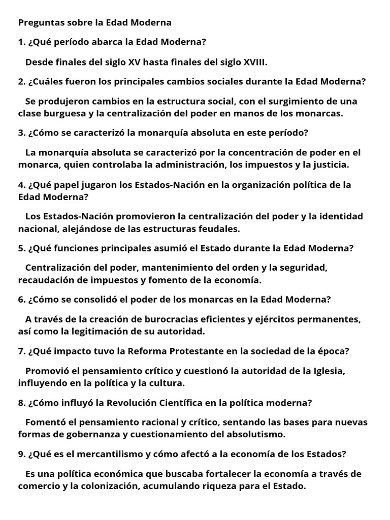 # Preguntas y Respuestas Sobre La Edad Moderna | PDF | Período moderno temprano | Estado (política)