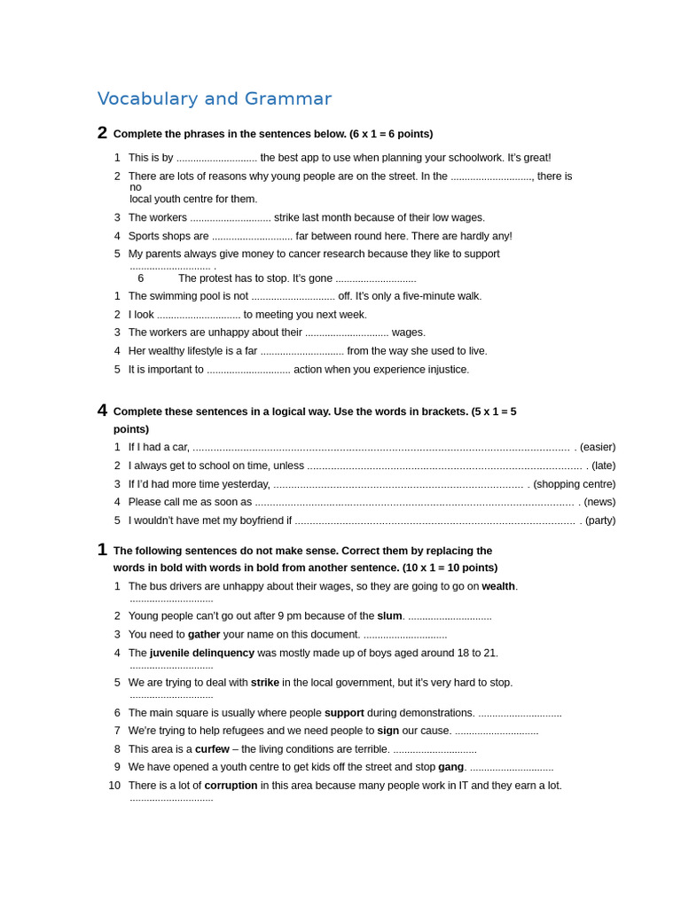 Vocabulary and Grammar Unit 5 Test | PDF