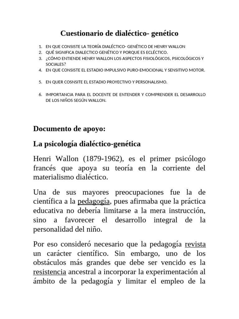 Teoría Dialéctico-Genética de Wallon | PDF | Sicología | Psique ...