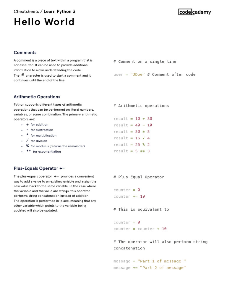 Learn Python 3 - Hello World Cheatsheet - Codecademy | PDF | Numbers | Parameter (Computer ...