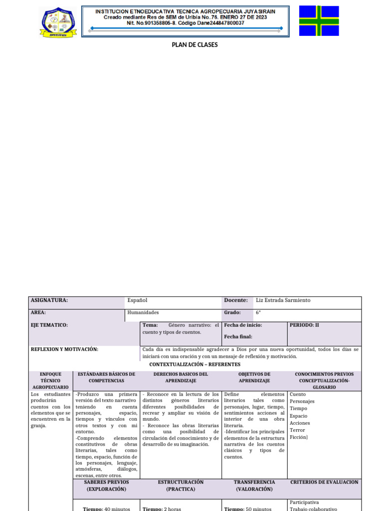 Plan de Clases Lengua Castellana Tema 1 | PDF | Evaluación | Narración