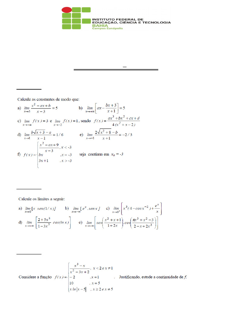 Lista Complementar 2 - Cálculo I | PDF