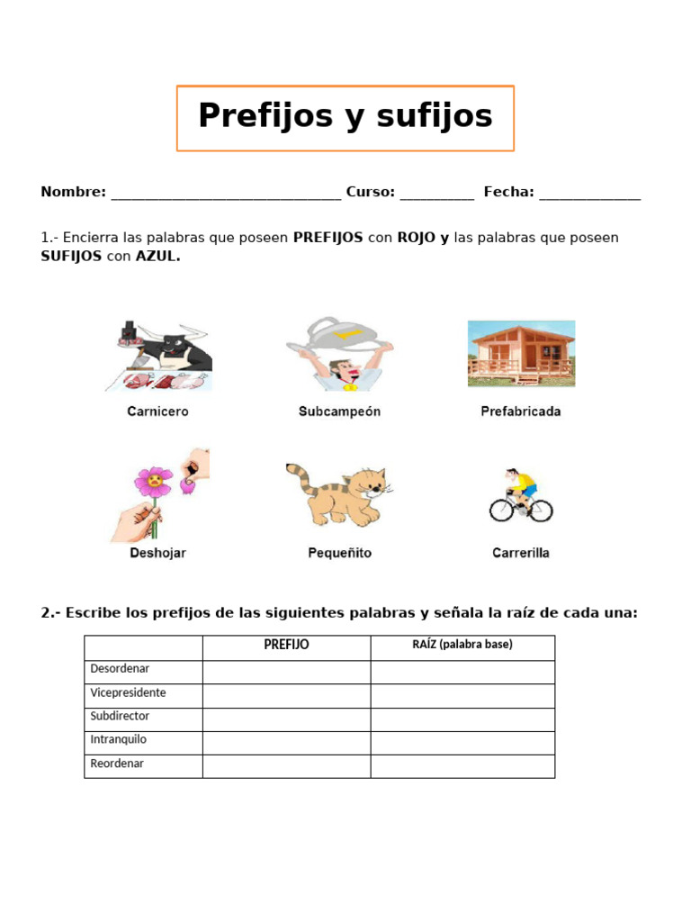 Prefijos y sufijos en español: ejercicios prácticos | PDF