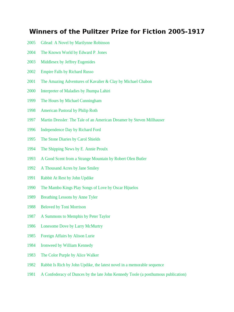 Pulitzer Prize Fiction Winners 2005 | PDF | Novels | English Language ...