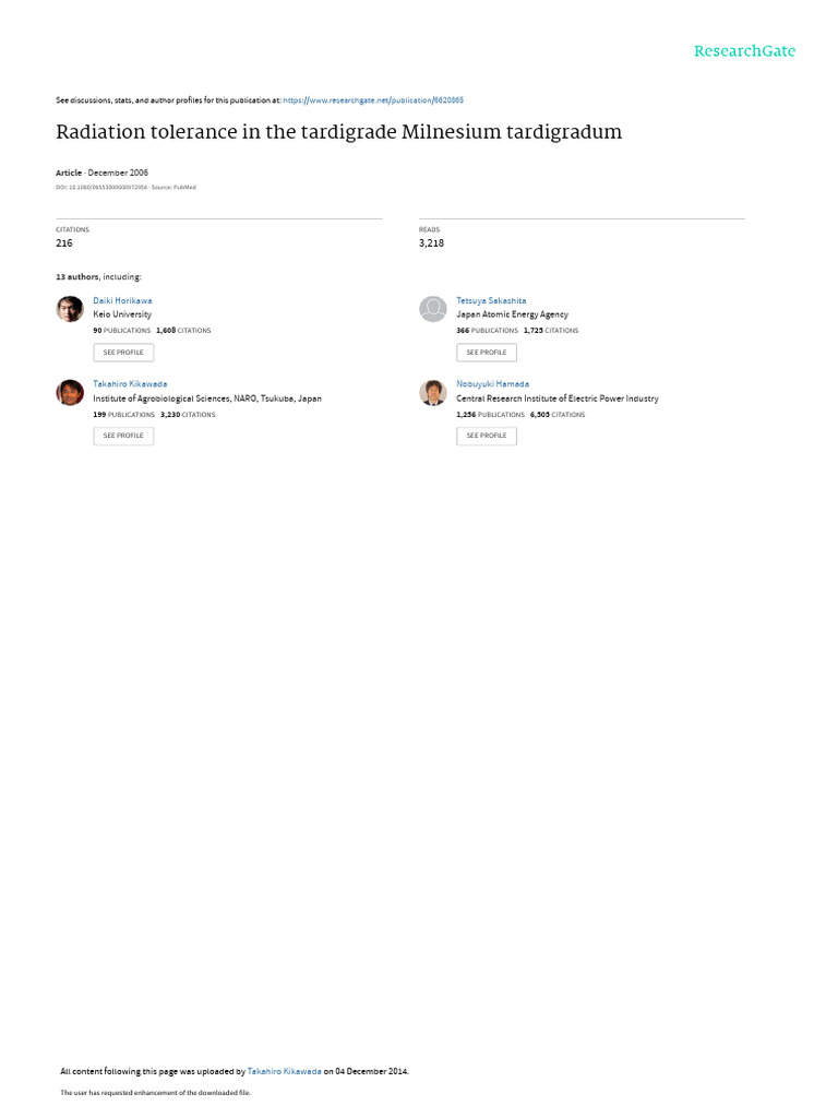 Radiation Tolerance in The Tardigrade Milnesium Tardigradum | PDF ...