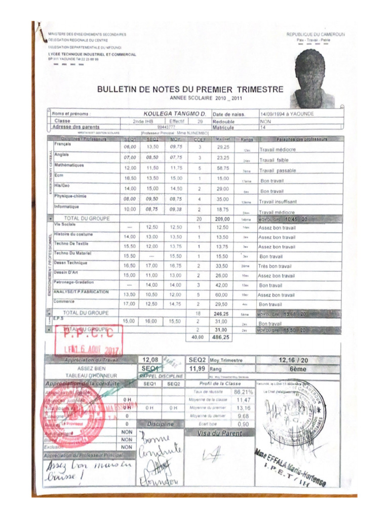 Bulletin de Notes Du Premier Trimestre 3 | PDF
