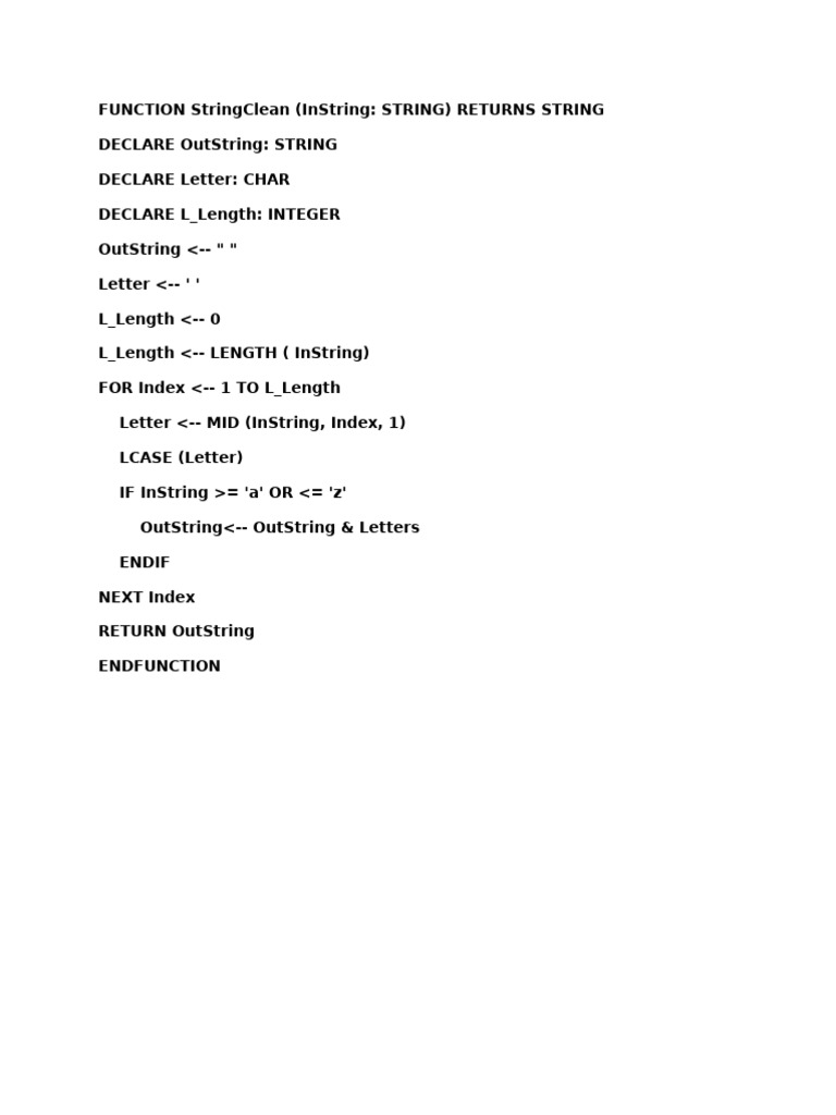 Clean String Function in Pseudocode | PDF