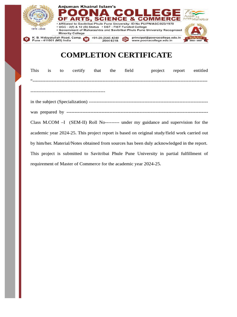 M.Com Project Completion Certificate | PDF