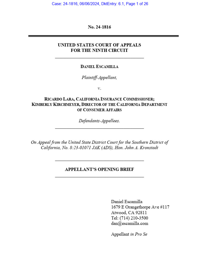 Escamilla v Ricardo Lara - Opening Brief before the Ninth Circuit 2025 ...