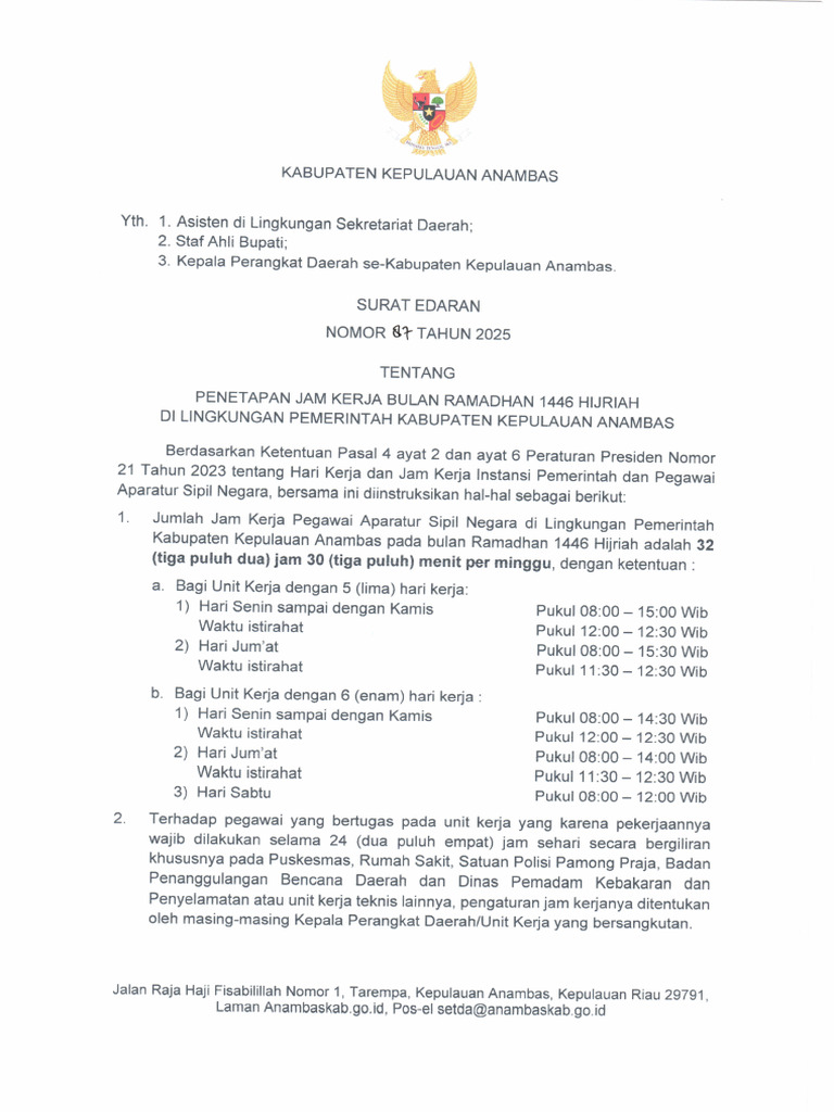SE Penetapan Jam Kerja Bulan Ramadhan 1446 H | PDF