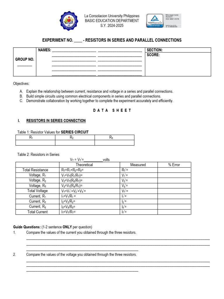 Resistors in Series and Parallel Experiment | PDF | Series And Parallel ...